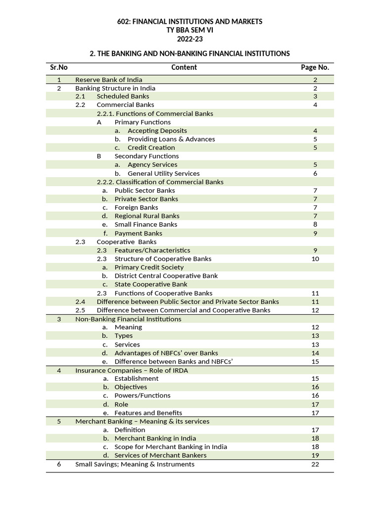 FIM Unit 2 Banking and Non-Banking Institutions | PDF | Reserve Bank Of ...