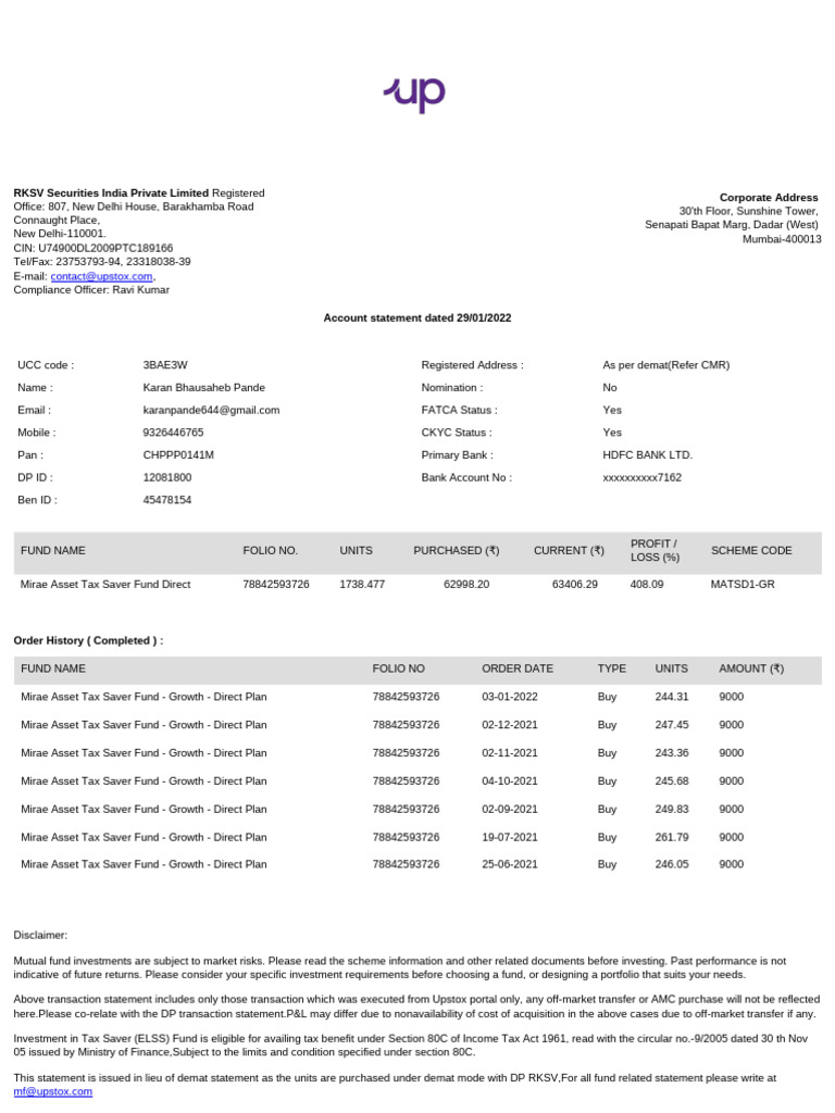 Upstocks Mutual Fund Statement Word | PDF | Investing | Economies