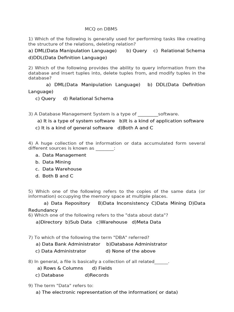dbms mcq | PDF | Sql | Databases