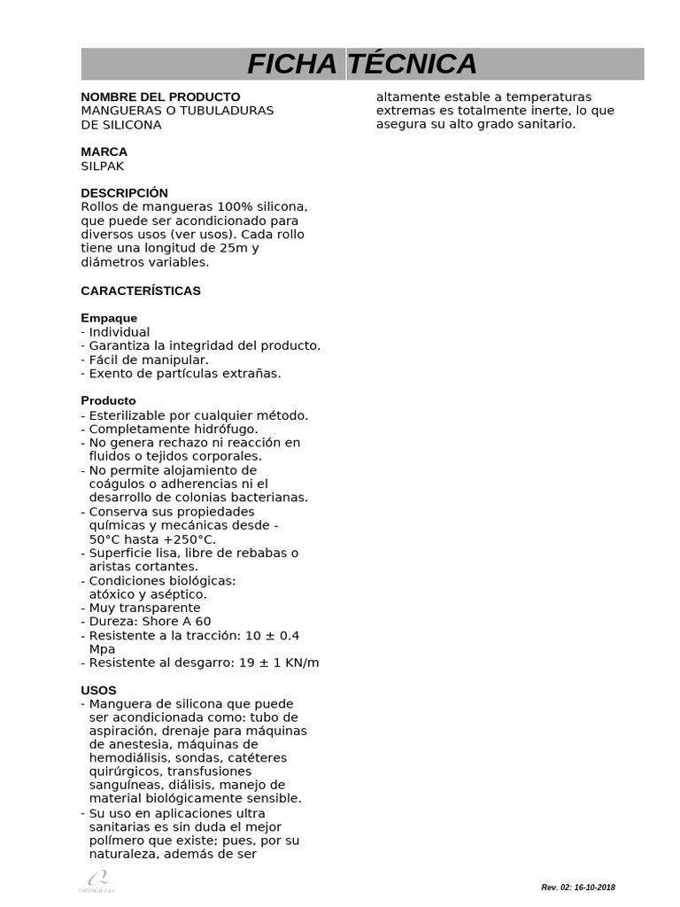 1.ficha Técnica Silpak - Mangueras de Silicona-Rev - 02 | PDF ...