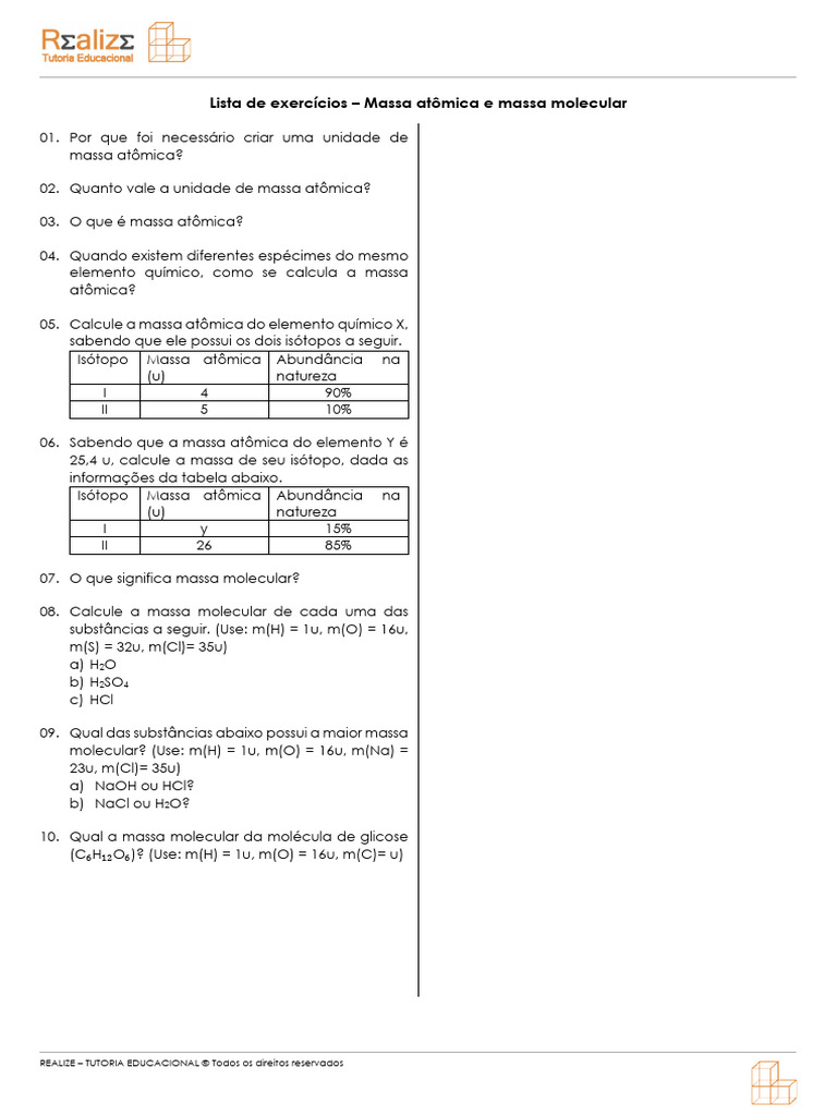 Lista-de-exercicios-Massa-atomica-e-massa-molecular | PDF | Moléculas | Massa molecular