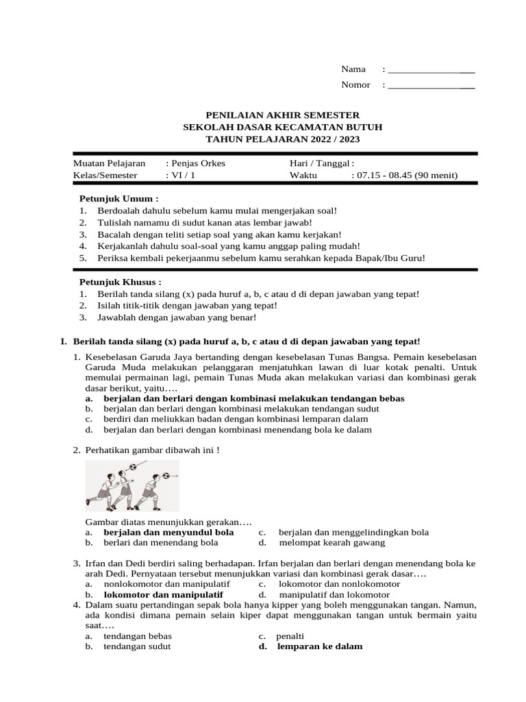 Naskah Soal Pas Pjok Kelas 6 Tapel 2022-2023 | PDF