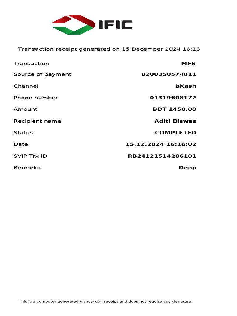 bKash Transaction Receipt | PDF