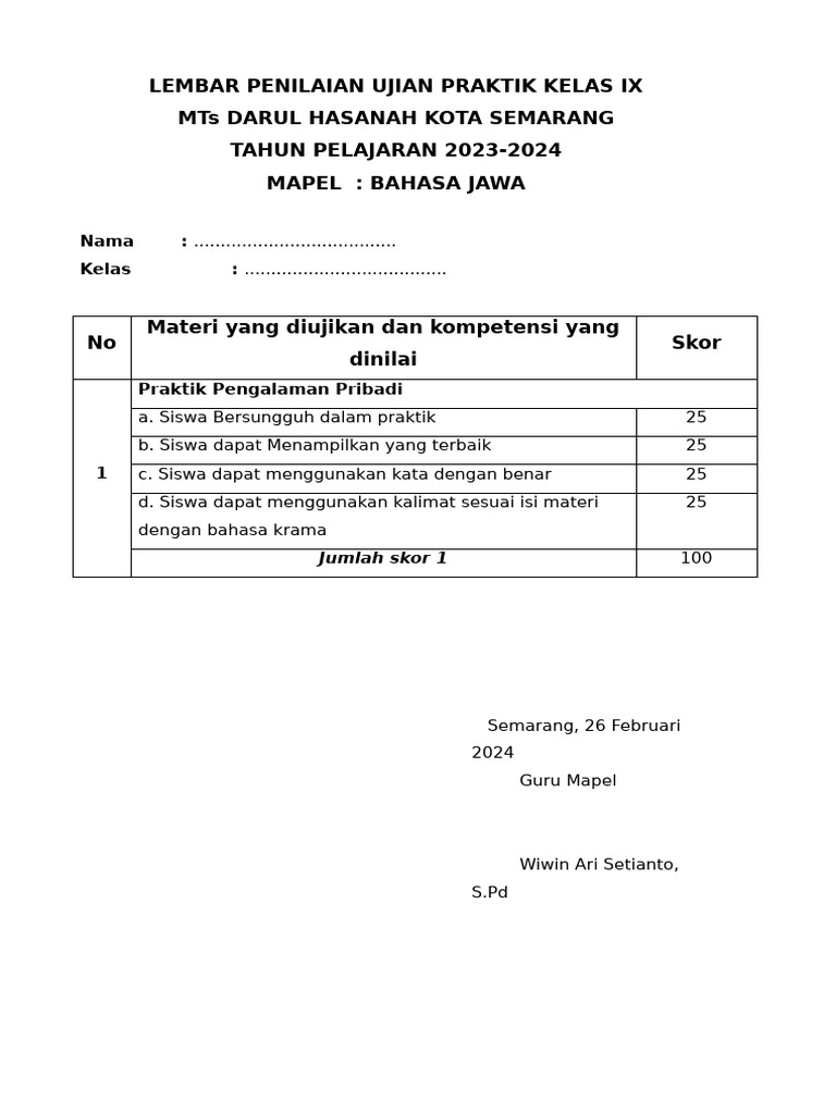 Lembar Penilaian Ujian Praktik Kelas Ix | PDF