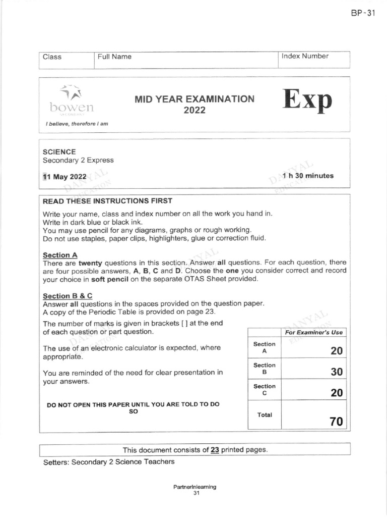 Sec 2 Science Group 3 - Bowen Secondary Mid Year 2022 - Study Notes ...
