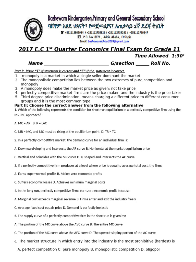 1st Q Econ Final Exam For Grade 11 | PDF | Monopoly | Perfect Competition
