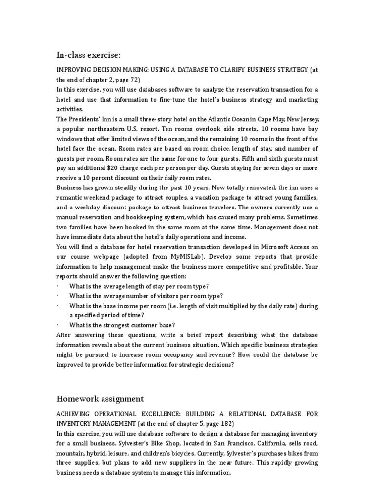 Database Exercise and Homework | PDF | Hotel | Databases Database Exercise and Homework | PDF | Hotel | Databases