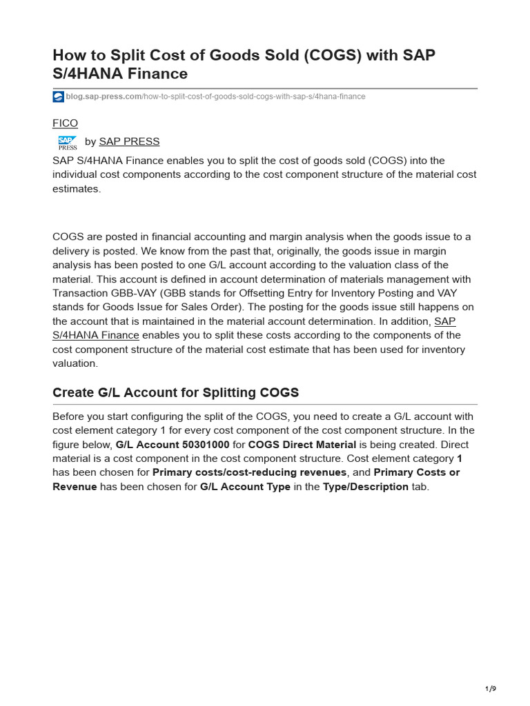 How to Split Cost of Goods Sold COGS with SAP S4HANA Finance | PDF ...