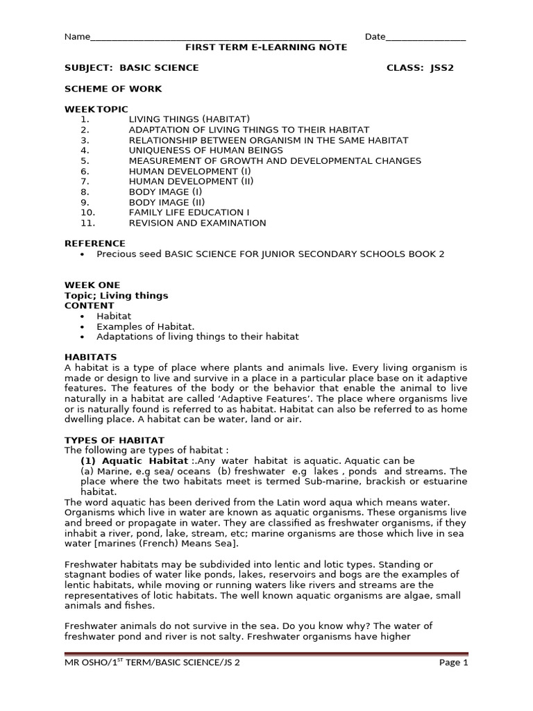 1ST Term J2 Basic Science | PDF | Adolescence | Habitat