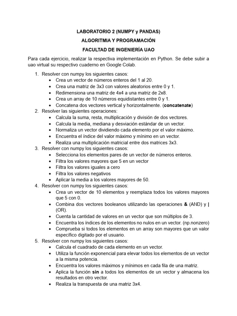 Laboratorio 2 Numpy Pandas | PDF | Matriz (Matemáticas) | Objetos matemáticos