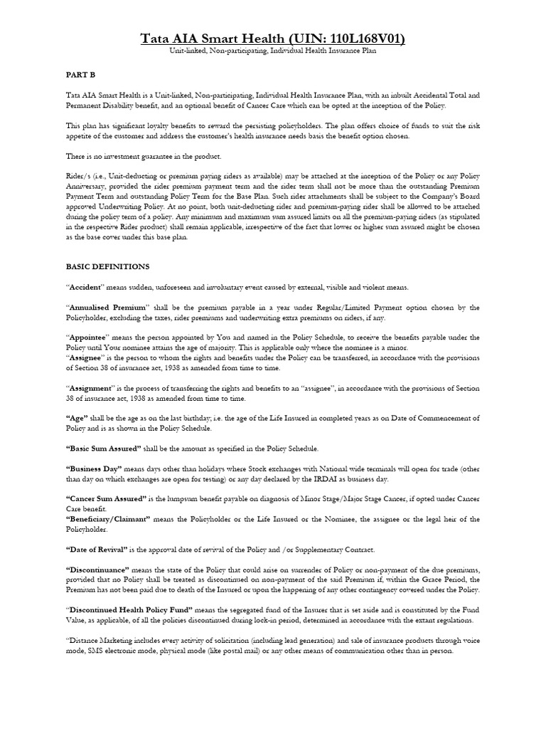 Tata AIA Smart Health Insurance Plan | PDF | Insurance | Cancer