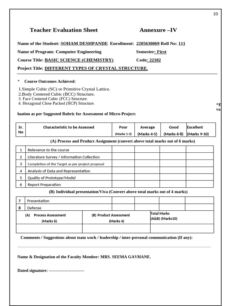 Teacher Evalution Sheet Group 6 Chemistry Pdf Crystal Structure