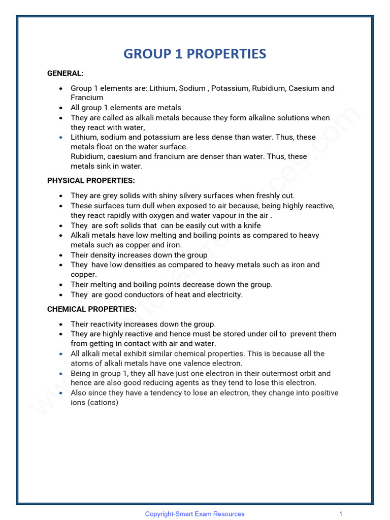 8.2 Group 1 Properties | PDF | Metallic Elements | Chemical Compounds