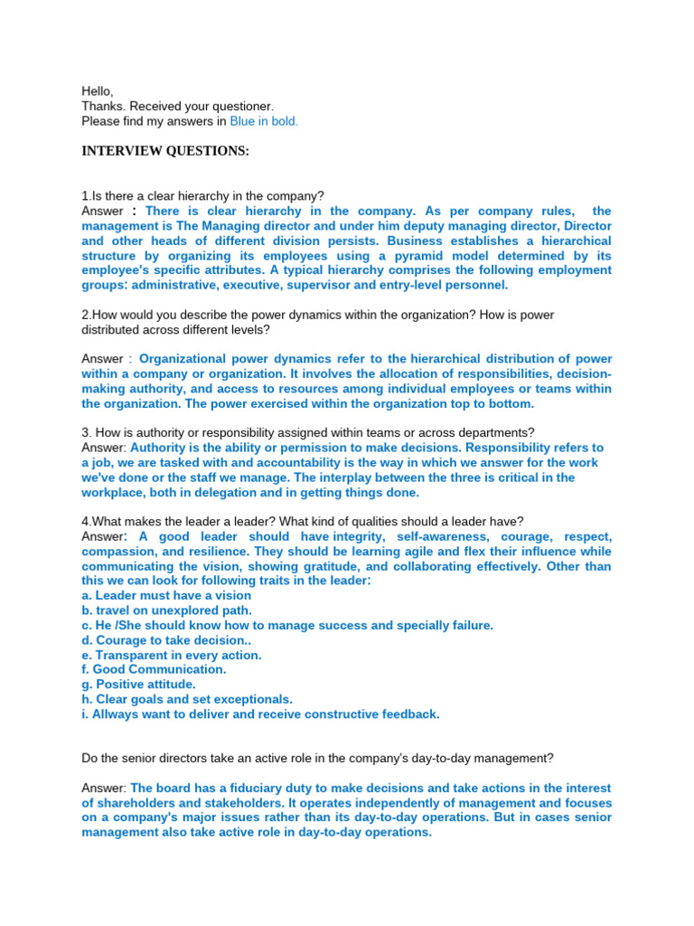 Interview Questions On Organizational Culture | PDF | Leadership ...
