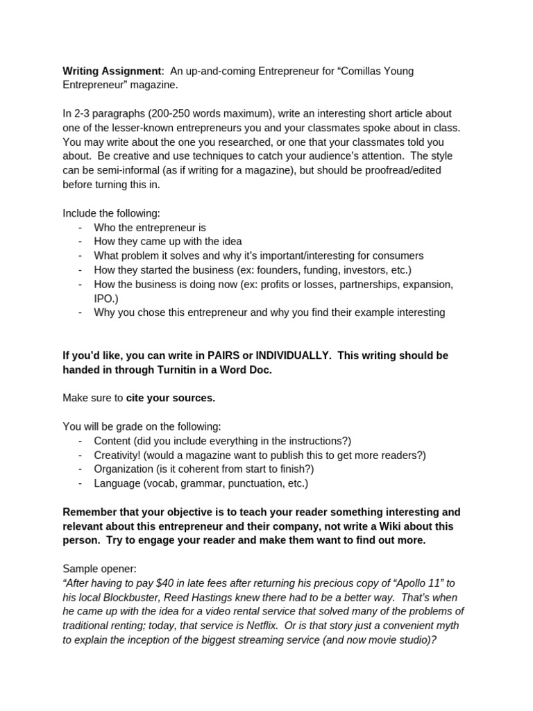 Entrepreneur Writing Assignment Unit 3 | PDF