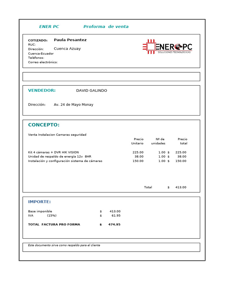 Proforma Camaras | PDF