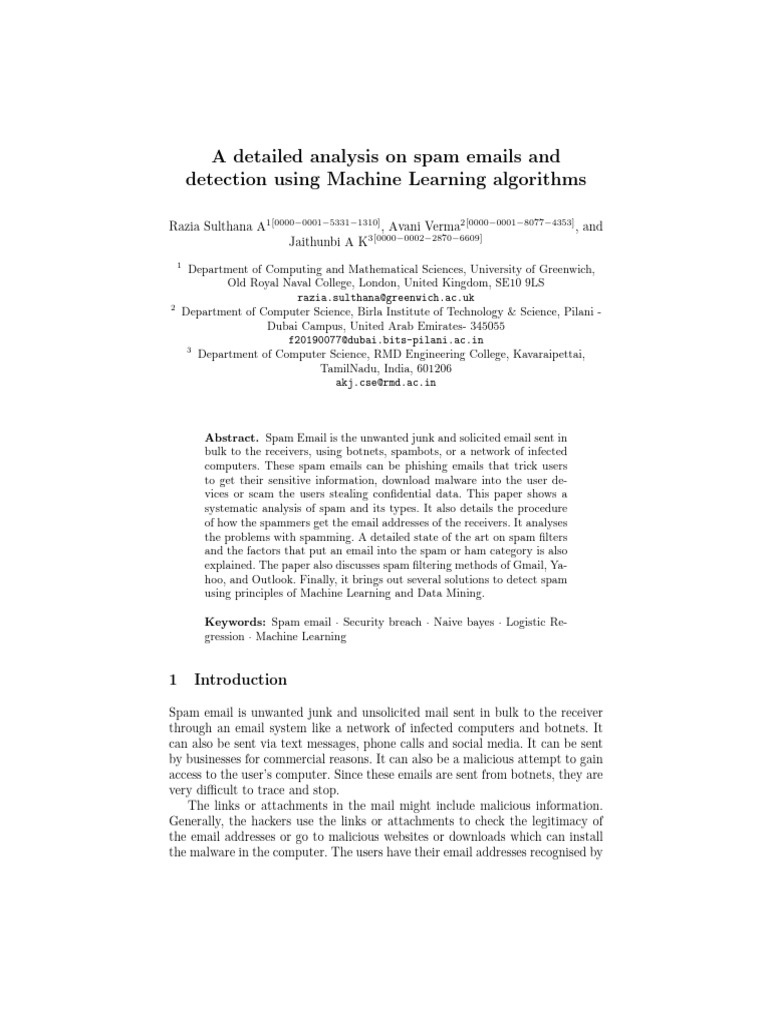SULTHANA A Detailed Analysis On Spam Emails and Detection Using Machine Learning Algorithms ...