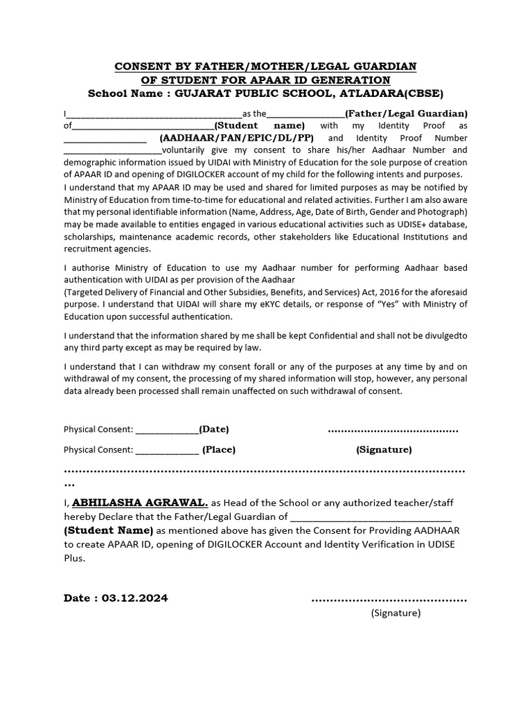 Consent Form Apaar Id Cbse | PDF | Privacy | Justice
