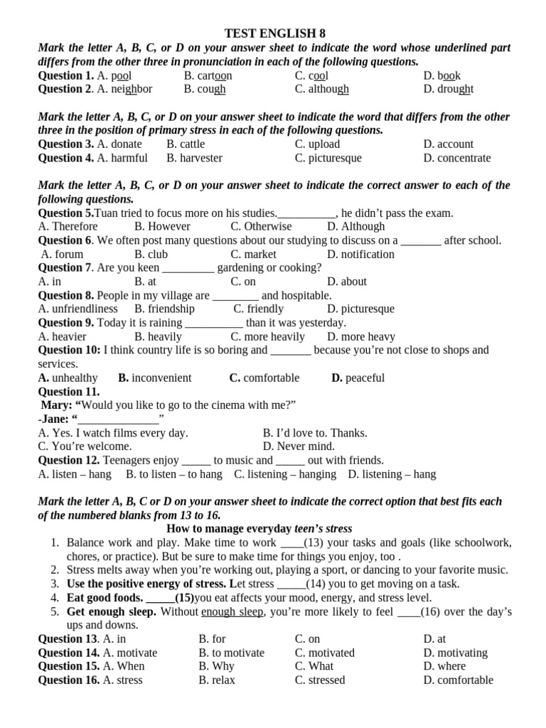 English Pronunciation and Grammar Test | PDF | Psychology