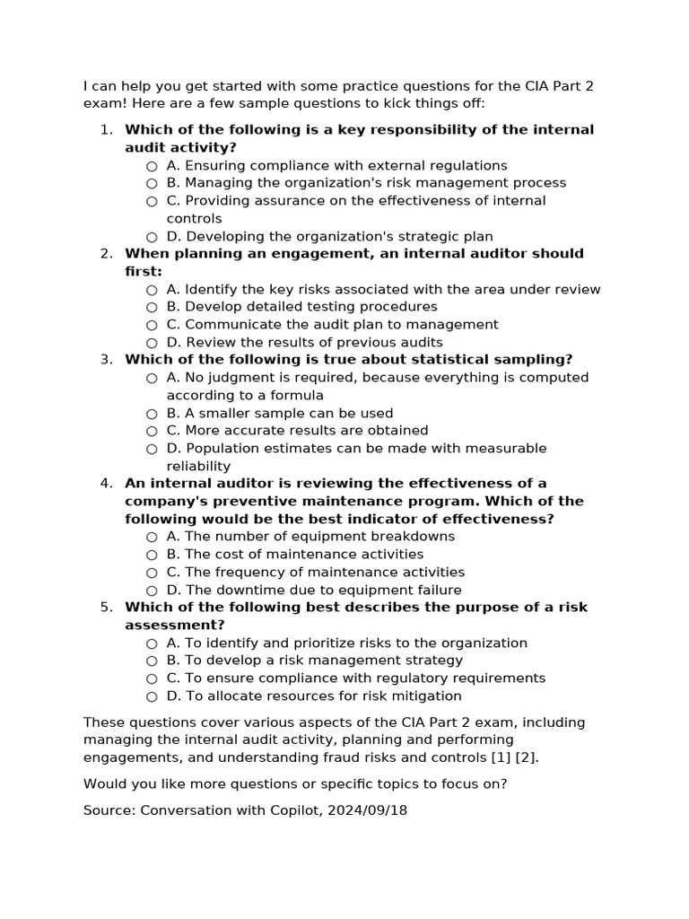 CIA Part 2 Exam Practice Questions | PDF | Internal Control | Internal ...