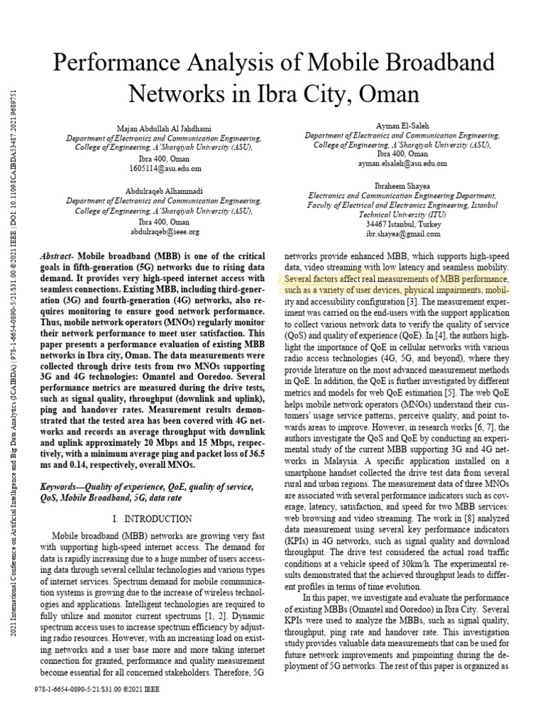 Performance Analysis of Mobile Broadband Networks in Ibra City | PDF ...
