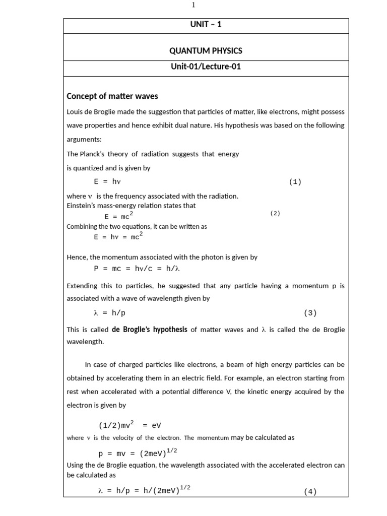 Be 201 Engineering Physics Unit 1 | PDF | Electron | Waves