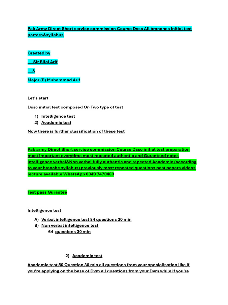 Pak Army DSSC Initial Test Syllabus&Pattern&Syllabus 2025 | PDF