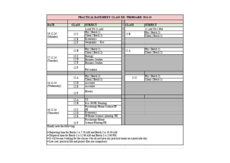 Datesheet Preboardpractical Class122024 25 20241212145821 | PDF