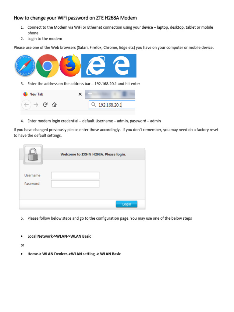 How To Change The WiFI Password On ZTE H268A | PDF