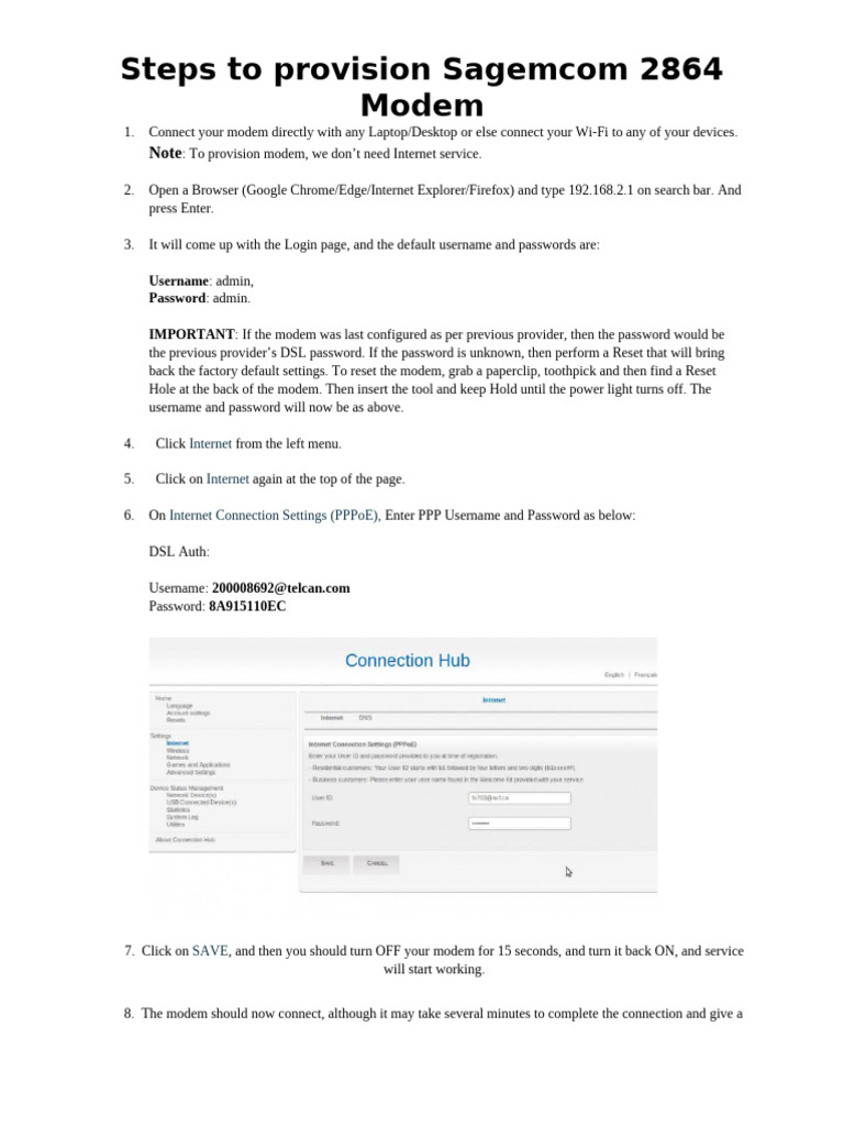 Steps to provision Sagemcom 2864 Modem | PDF | Password | Cyberspace