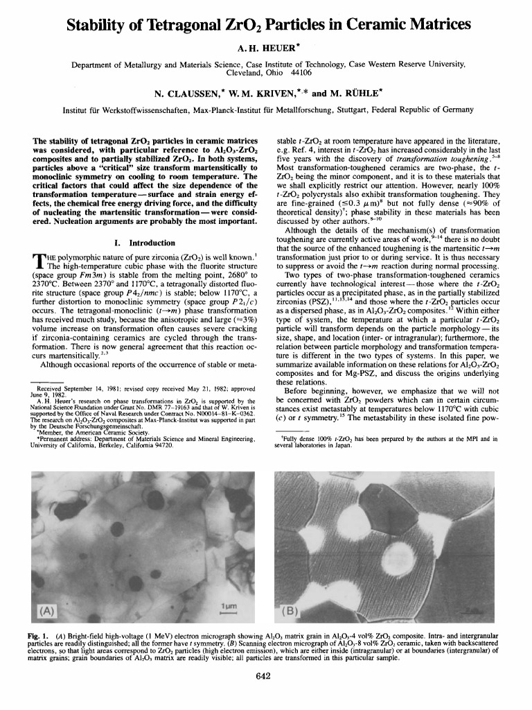 Stability of Tetragonal Zr02 Particles in Ceramic Matrices | PDF ...