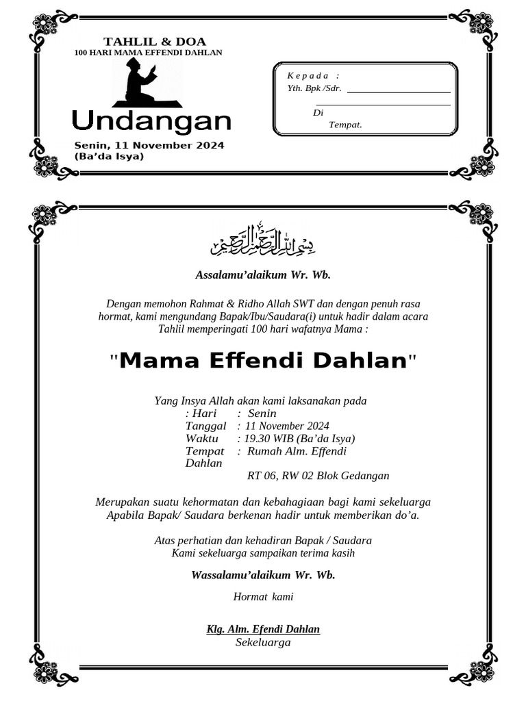 Undangan Tahlil 100 Hari Mama Effendi | PDF
