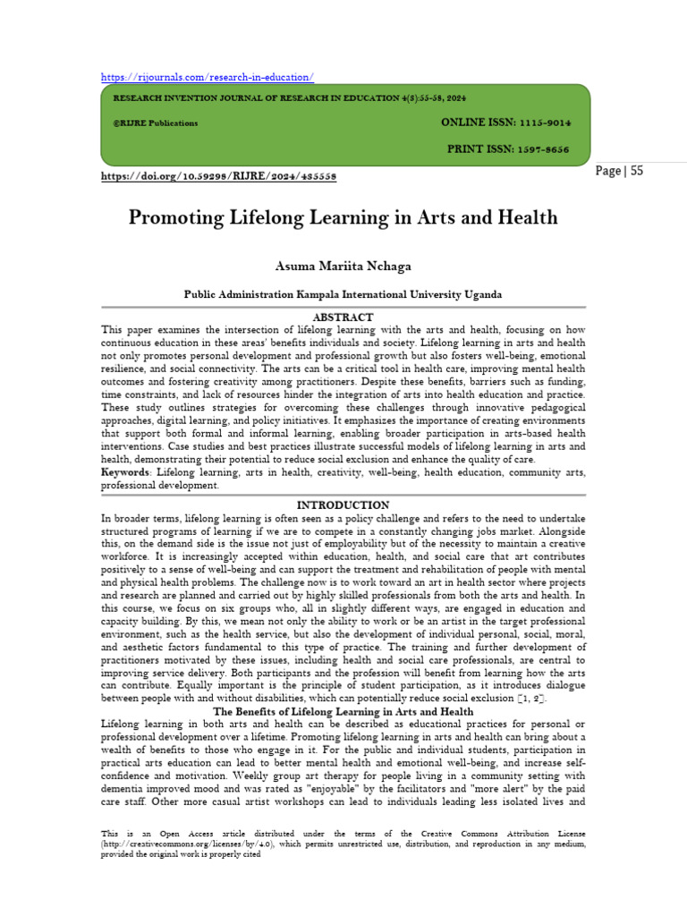 Promoting Lifelong Learning in Arts and Health (WWW - Kiu.ac - Ug ...