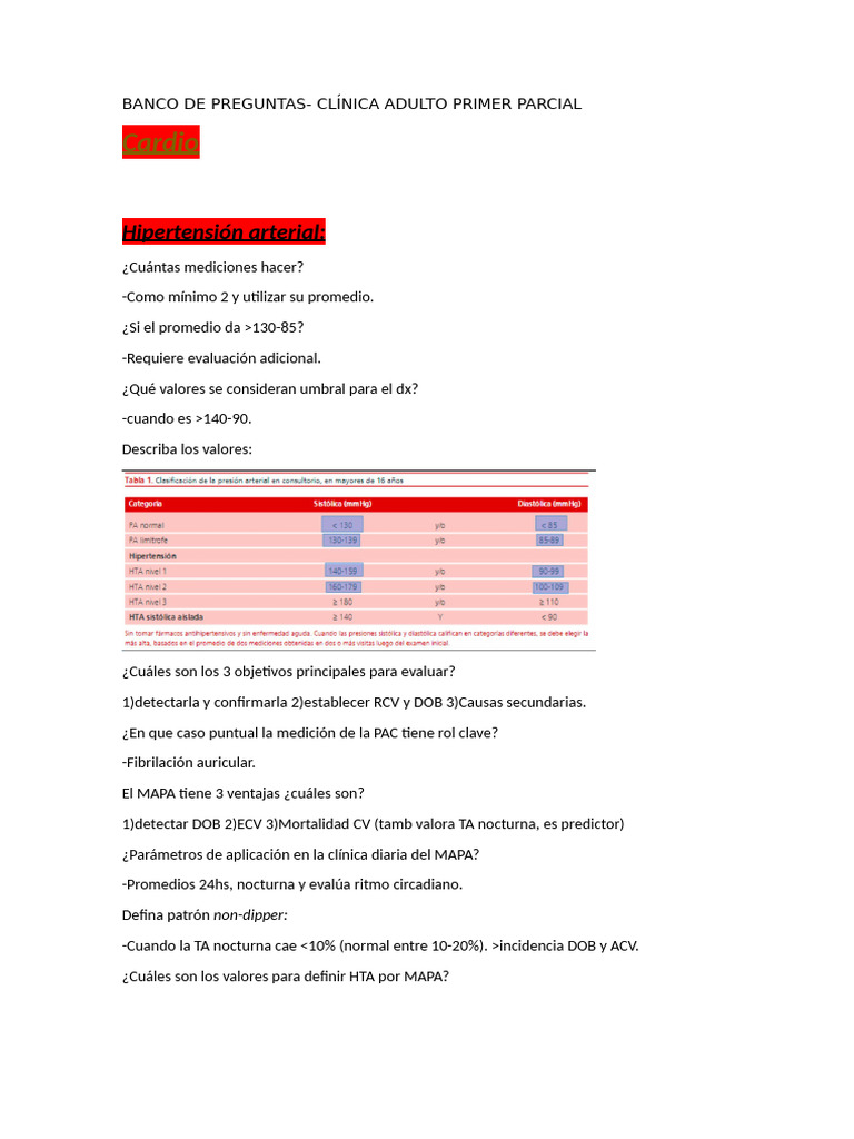 BANCO DE PREGUNTAS (1er Parcial Clínica) | PDF | Hipertensión | Asma