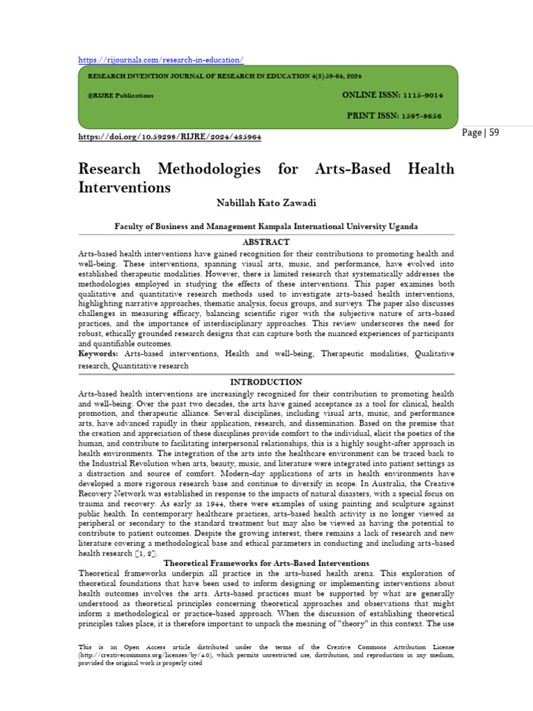 Research Methodologies For Arts-Based Health Interventions (WWW - Kiu ...