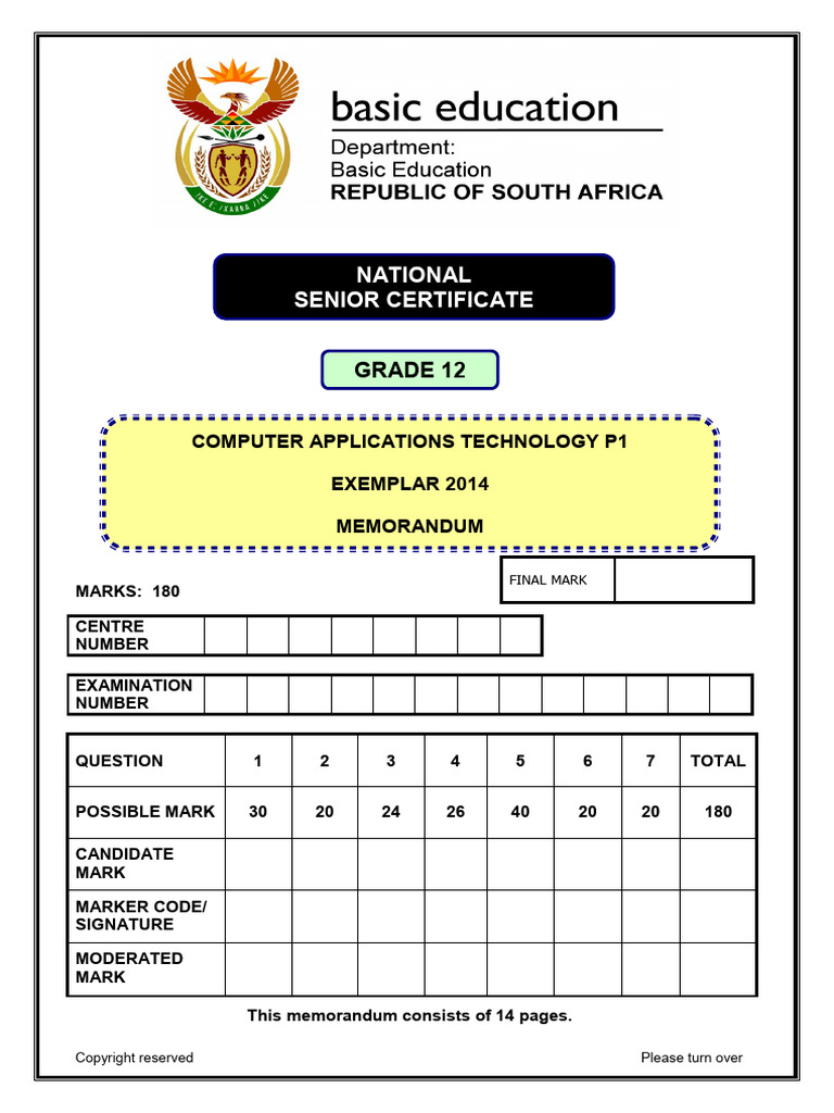CAT P1 GR 12 Exemplar 2014 Memo Eng | PDF | Calorie | Hyperlink