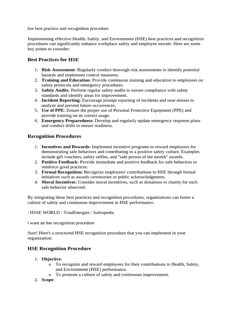 Hse Best Practice and Recognition Procedure | PDF | Incentive | Safety
