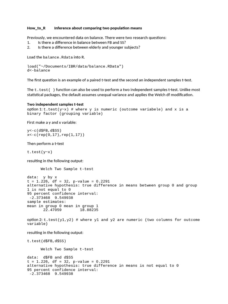 How_to_R Inference about comparing two population means | PDF