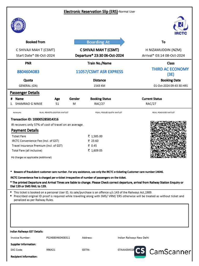CSMT To H. Nizamuddin DTD 06 Oct 24 | PDF | Identity Document | Payments
