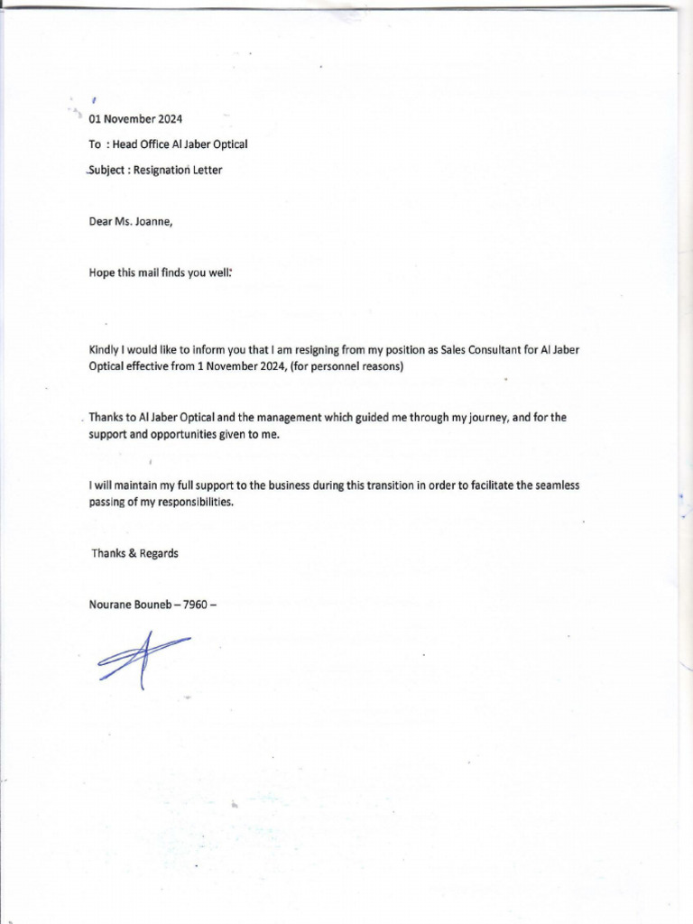 Resignation Letter NOURANE BOUNEB 7960 - 0001 | PDF