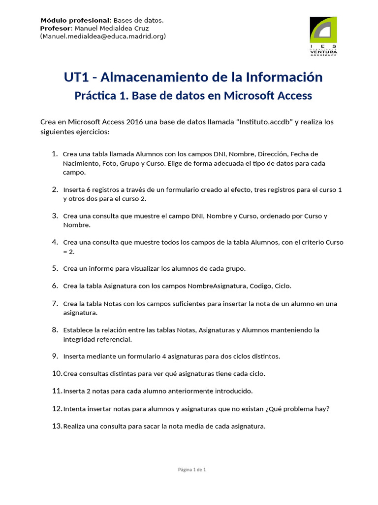 Práctica 1. Base de datos en Microsoft Access (2) | PDF
