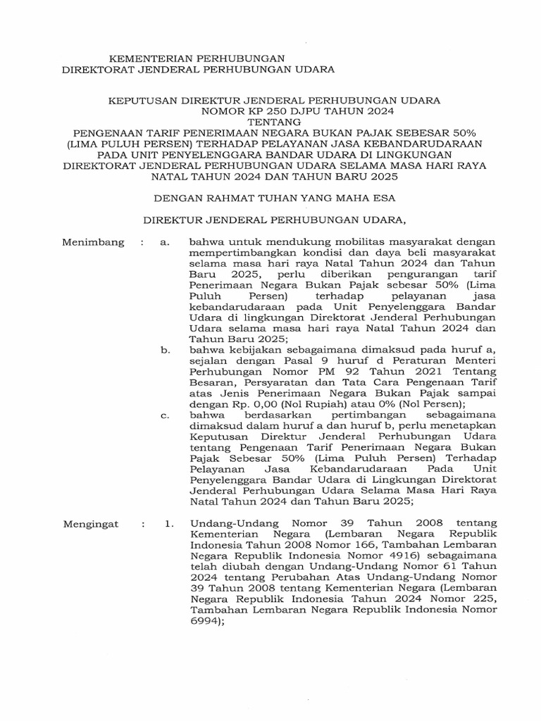 1262KUMND2024 - Salinan KP 250 DJPU Tahun 2024 Tentang Pengenaan Tarif ...