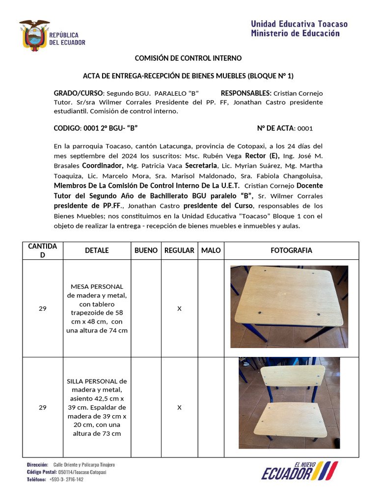 ACTA ENTREGA AULA 2do BGU B 24-25 | PDF