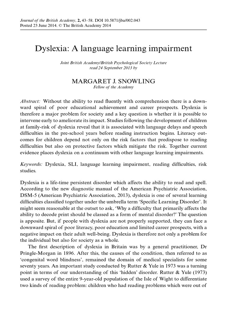 Dyslexia A Language Learning Impairment | PDF | Dyslexia | Learning ...