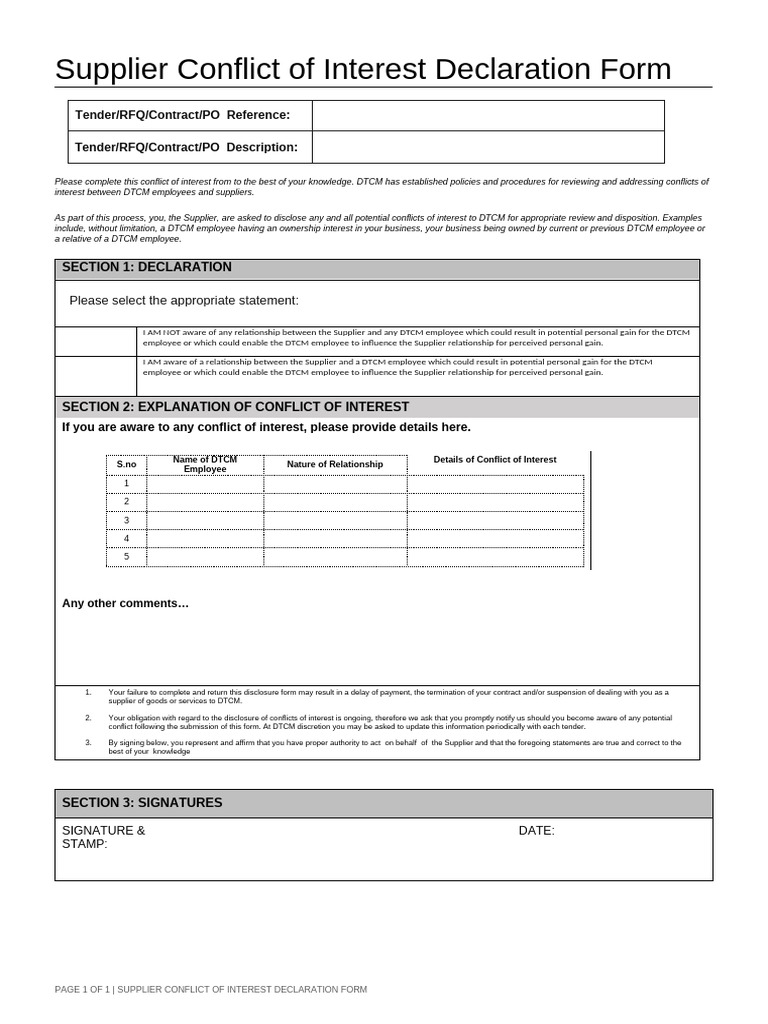 DTCM Supplier Conflict of interest declaration form_202101 | PDF | Conflict Of Interest | Justice