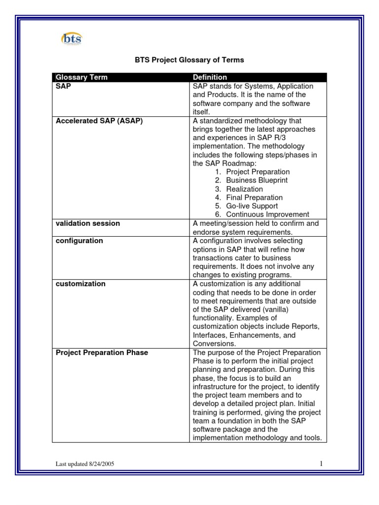 BTS Project SAP Terms Glossary | PDF | Engineering | Systems Engineering