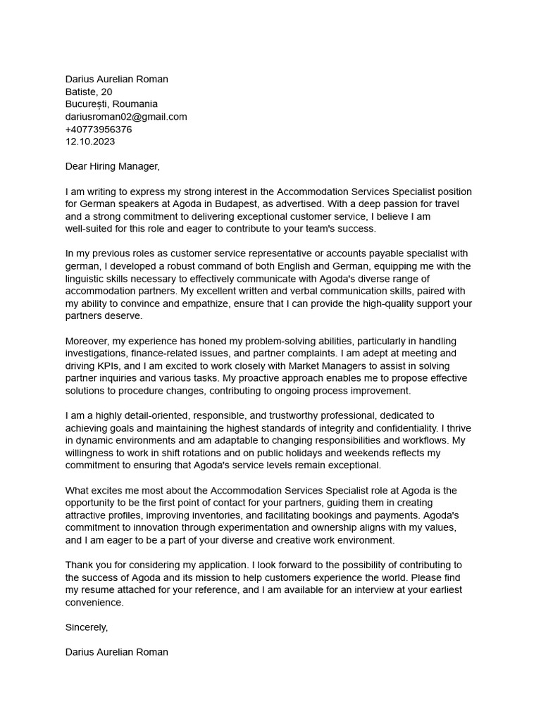 Cover Letter For Agoda Company | PDF | Human Communication | Cognition