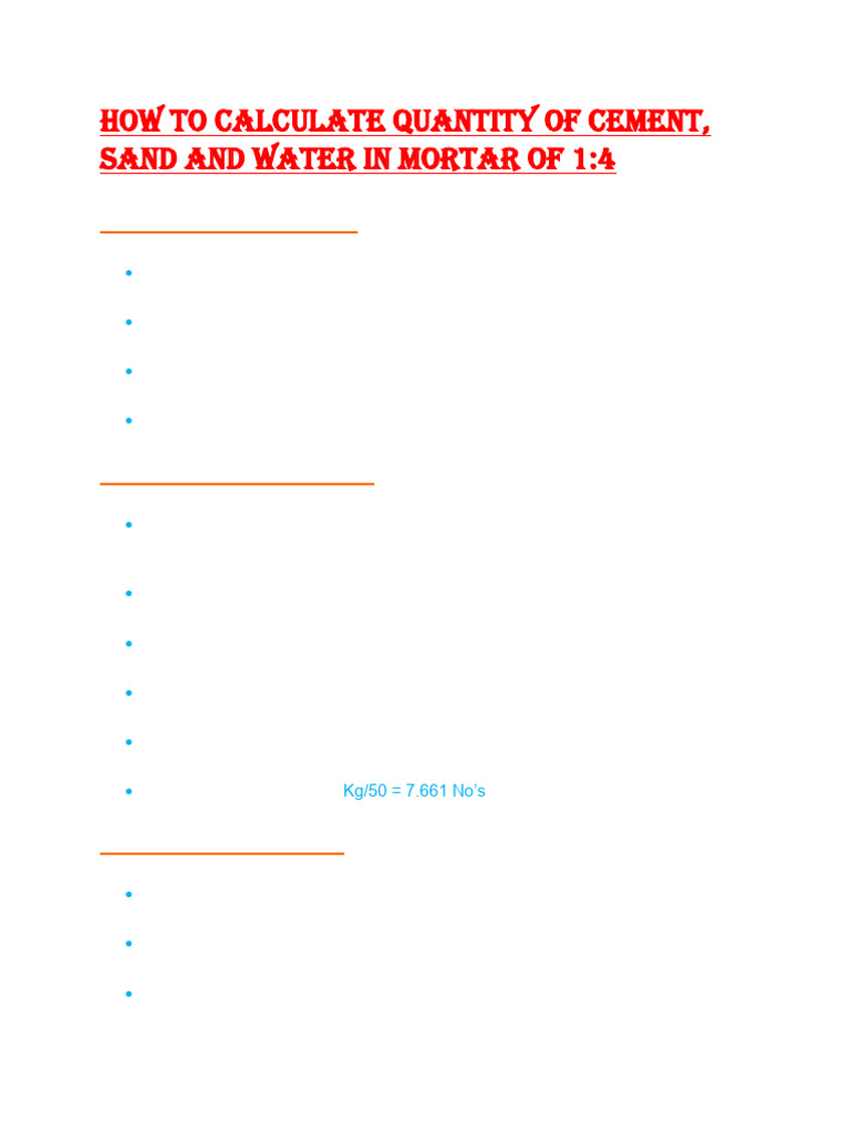 How To Calculate Quantity of Cement, Sand and Water | PDF | Mortar ...