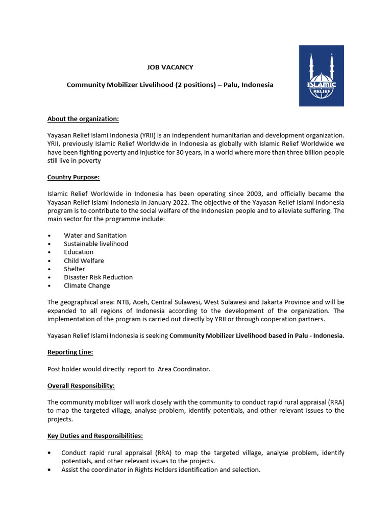 Job Advertisement - Commo Livelihood - Palu | PDF | Indonesia