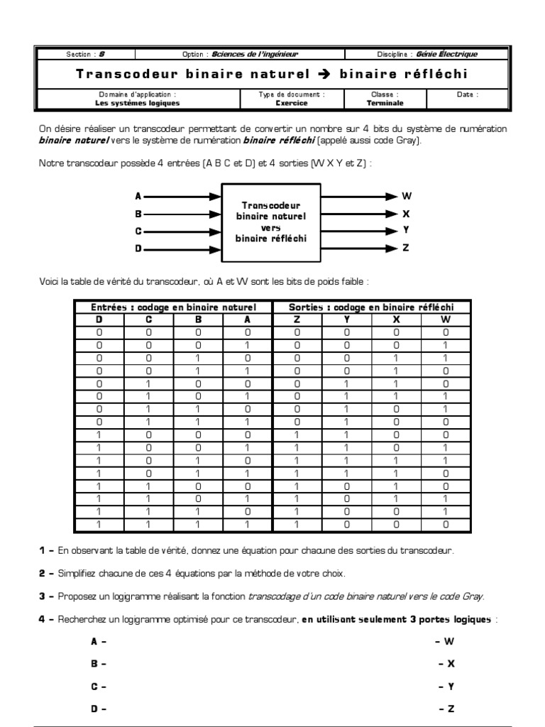 Exo Transcodeur Binaire Gray | PDF